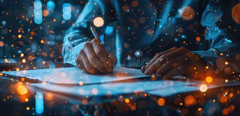 Hands Writing on Paper Surrounded by Glowing Abstract Particles in a ...