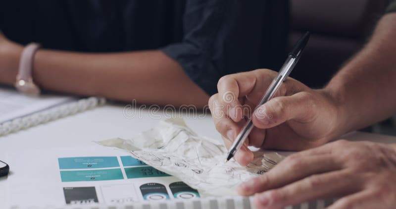 Hands, Writing and People Brainstorming with Note on Table for Problem ...