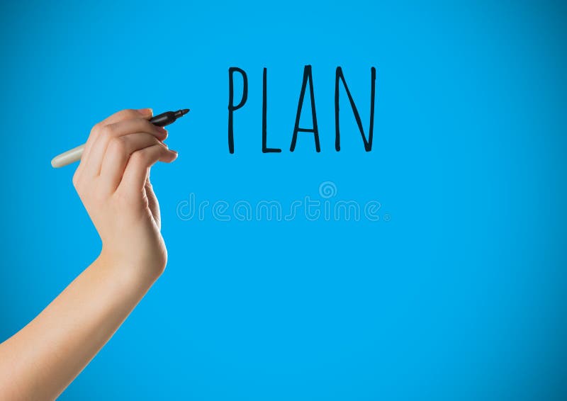 Hands Writing Plan on Blue Background Stock Image - Image of space ...