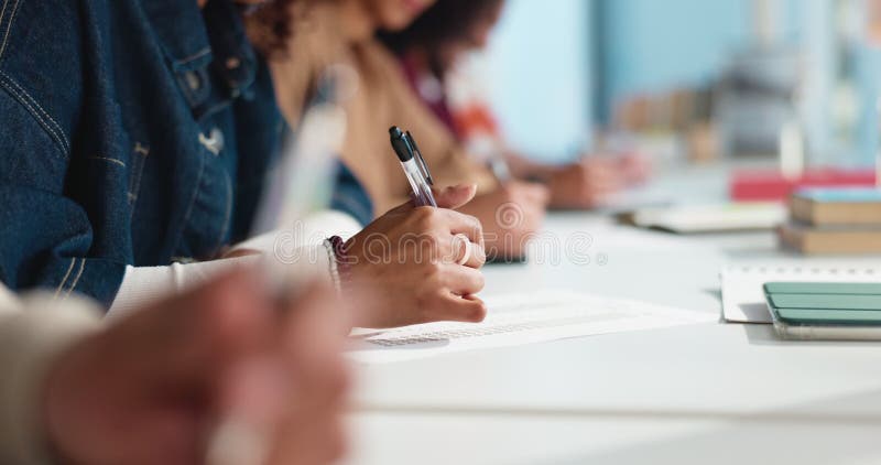 Hands, Writing and Students at Desk with Test, Paper or Assessment in ...