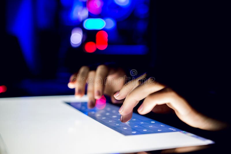 Hands Writing on Touch Screen Device Keyboard Stock Image - Image of ...