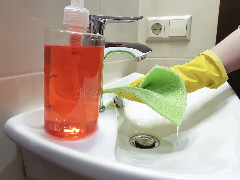 Hands in Yellow Gloves Wash the Sink Stock Image - Image of closeup ...