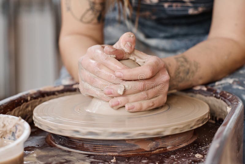Hands of Young Creative Female Holding by Rotating Pottery Wheel in ...