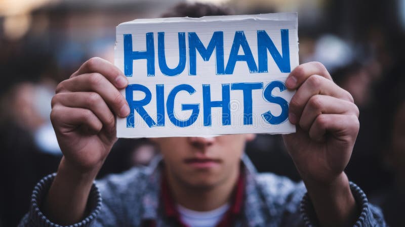 Hands of a Young Man Holding Human Rights Sign, Dramatic Closeup with ...