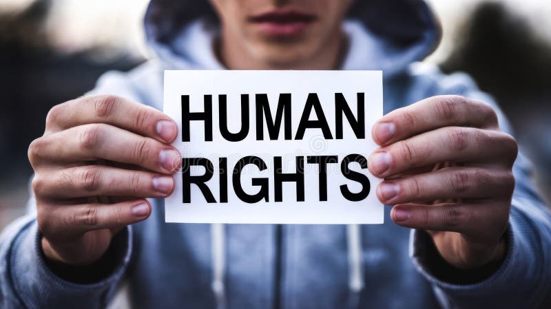 Hands of a Young Man Holding Human Rights Sign, Dramatic Closeup with ...