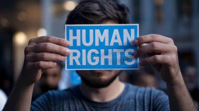 Hands of a Young Man Holding Human Rights Sign, Dramatic Closeup with ...
