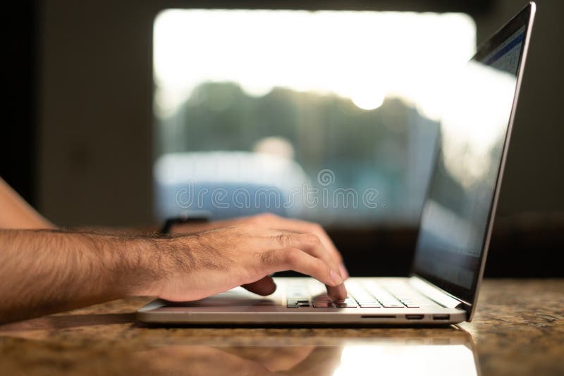 Hands of a Young Man Typing on Computer Stock Photo - Image of headset ...