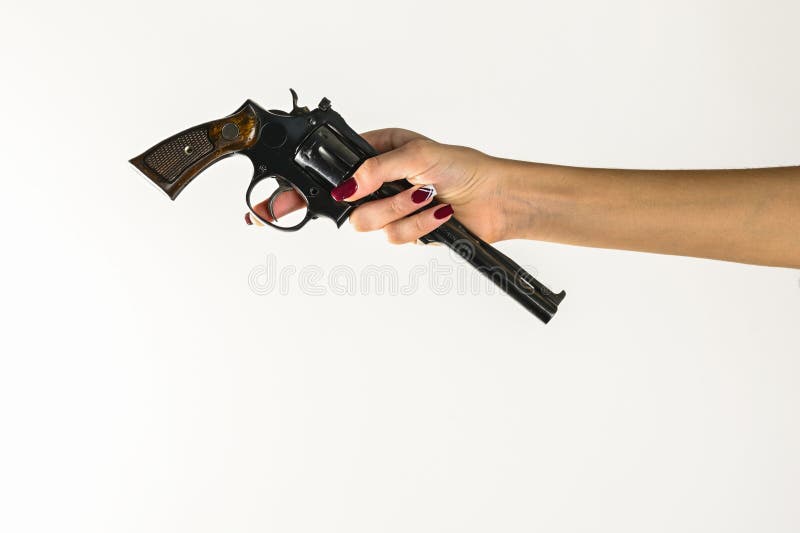 Hands of a Young Woman Holding a Gun, White Background. Stock Image ...