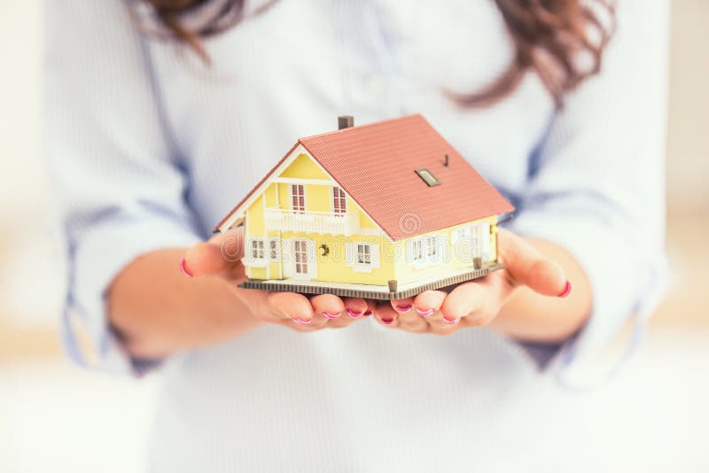 Hands of Young Woman Holding Model House Stock Image - Image of estate ...