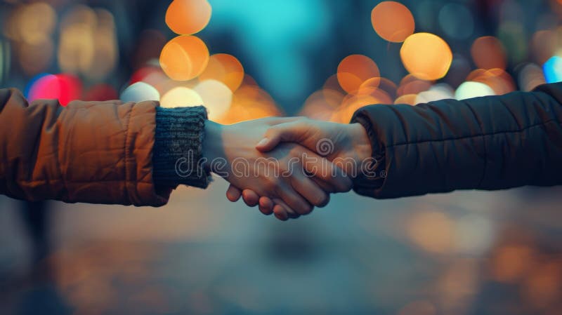 A Handshake Against a Blurred City Lights Background Stock Illustration ...