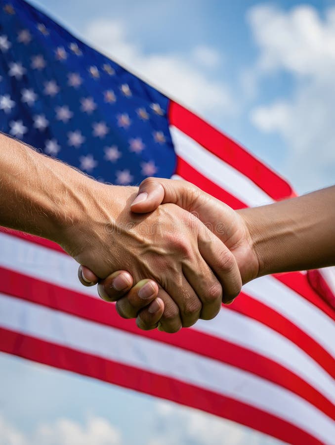 Handshake with the American Flag in the Background, a Symbol of Unity ...