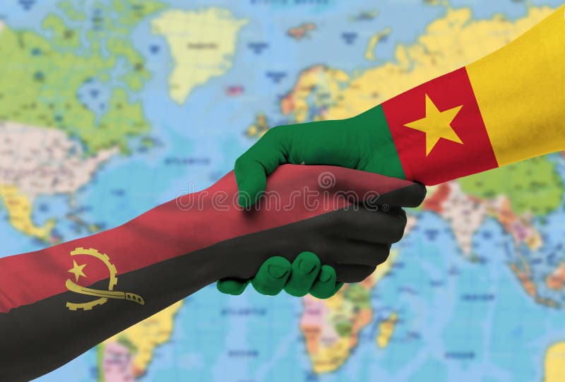Handshake between Angola and Cameroon Flags Painted on Hands. Stock ...