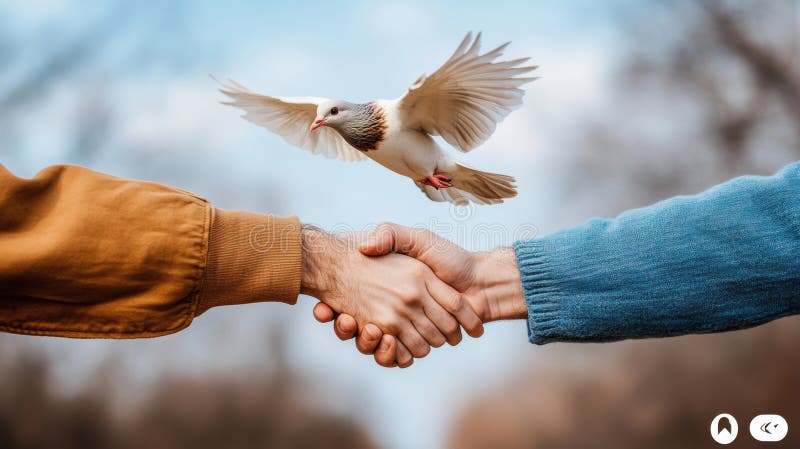 Handshake Beneath a Soaring Dove Symbolizes Peace and Unity in a Serene ...