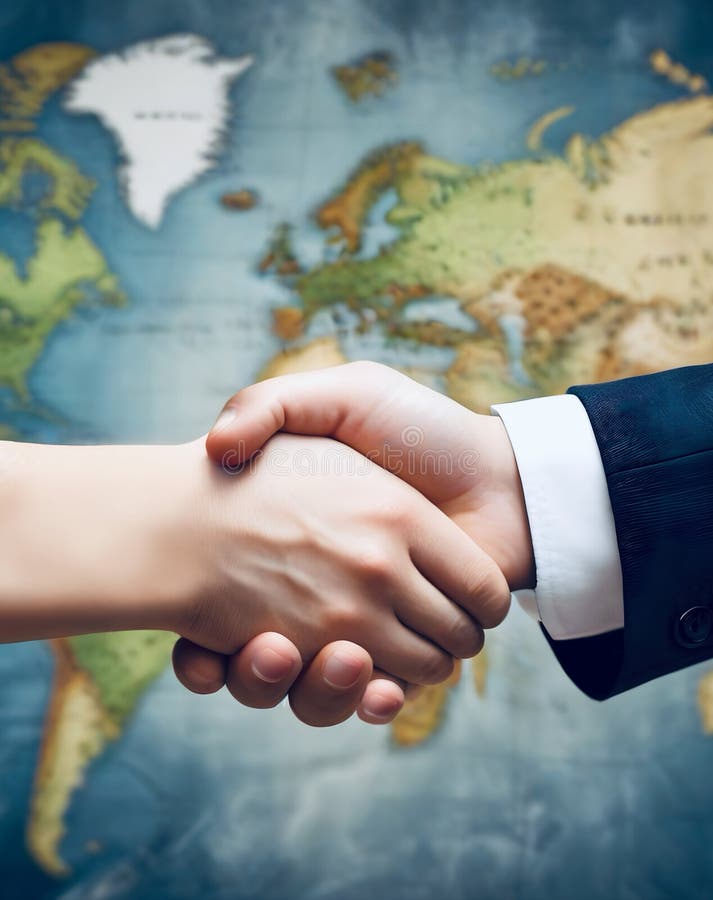 Handshake on Blurred World Map Background Stock Photo - Image of ...