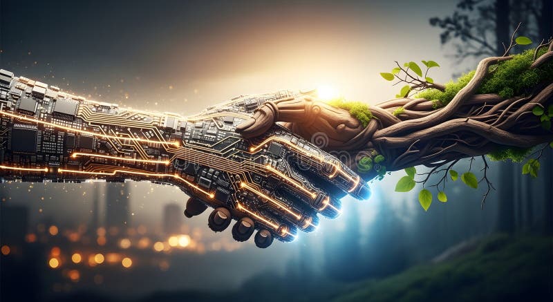 Handshake between a Circuit Board Hand and a Tree Branch Hand ...