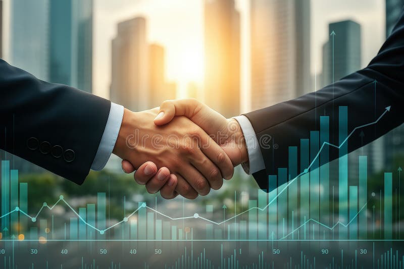 Handshake in City with Financial Growth Charts Overlay Stock ...