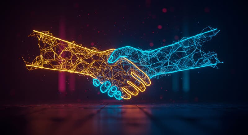 Handshake Collaboration Neonlit Hands Connect Symbolizing Partnership ...