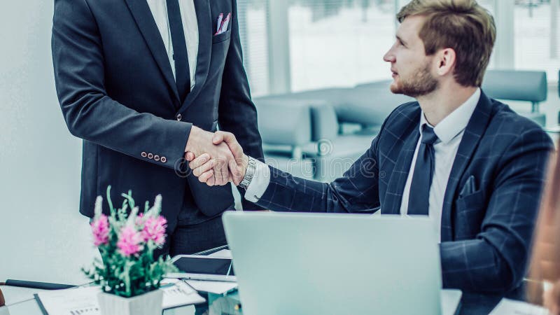 Handshake between Colleagues in the Workplace in a Modern Offic Stock ...