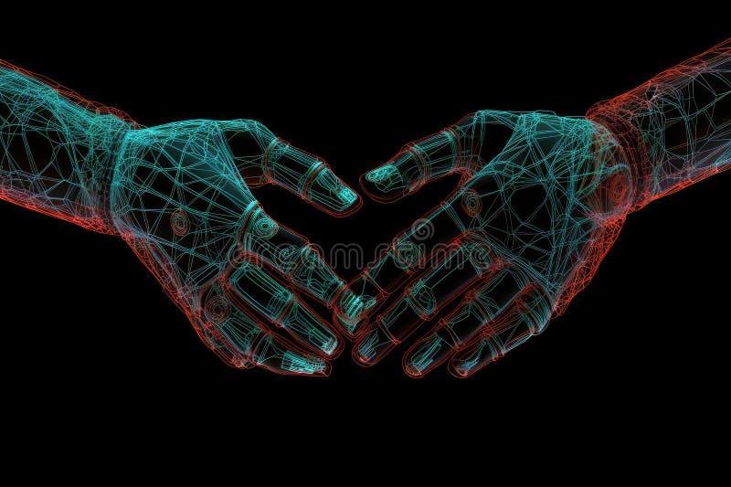 Handshake with Computer in Blue and Red on Black Background. Generative ...