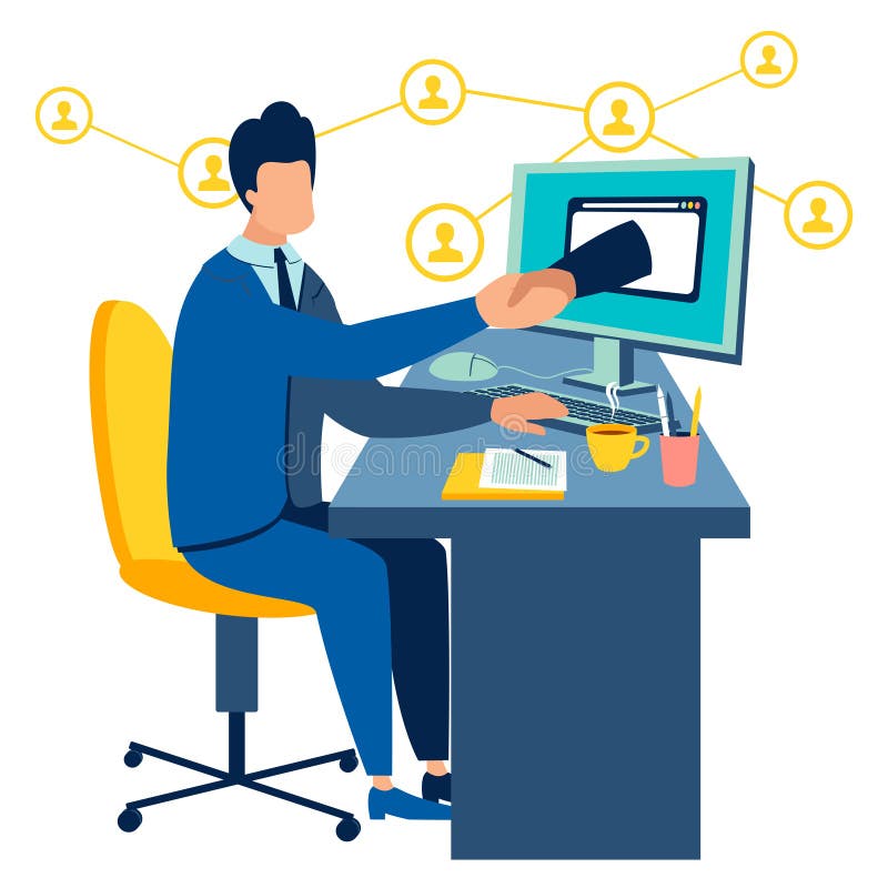 Handshake Via Computer Monitor Vector Illustration Flat Stock Vector ...