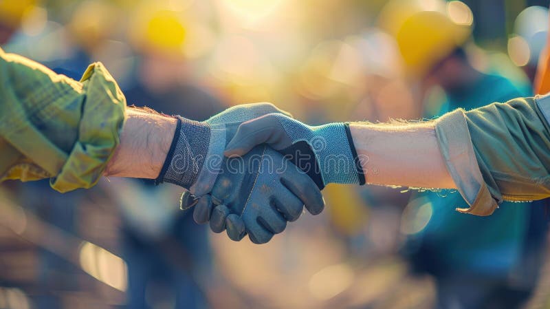 Two Construction Workers are Shaking Hands, , Symbolizing Teamwork at a Construction Site. AI ...