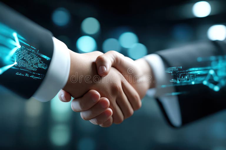 Handshake with Digital Code Overlay Symbolizes Technology Driven ...