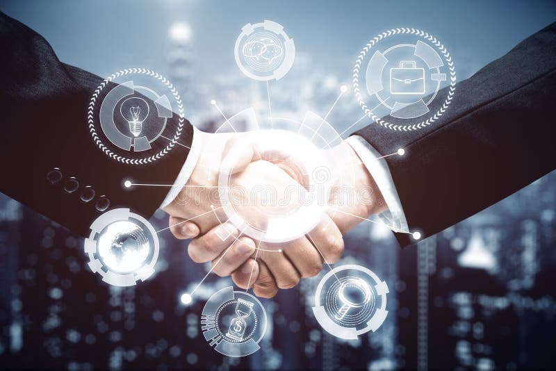 Digital Handshake on Blue Background Stock Photo - Image of future ...