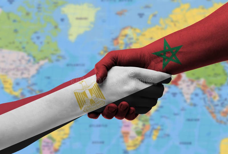 Handshake between Egypt and Morocco Flags Painted on Hands ...