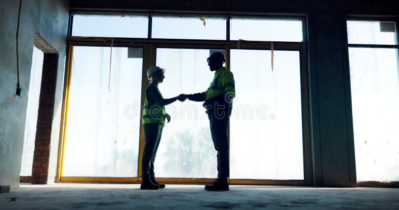 Handshake, Engineering People or Silhouette on Construction Site for ...