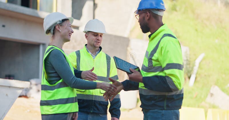 Handshake, Engineering People or Tablet on Construction Site for ...