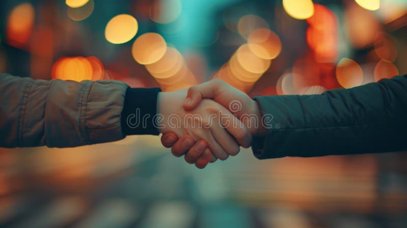 Handshake in Front of a Blurred City Lights Background Stock ...