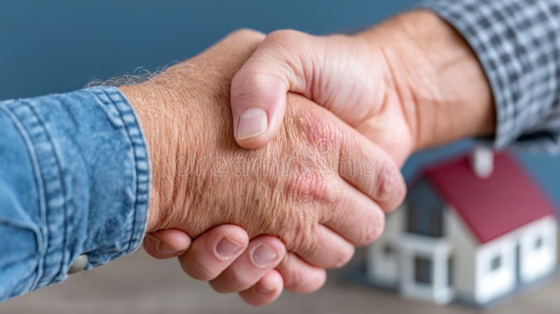 Handshake in Front of Small House Model, Symbolizing Agreement. Stock ...