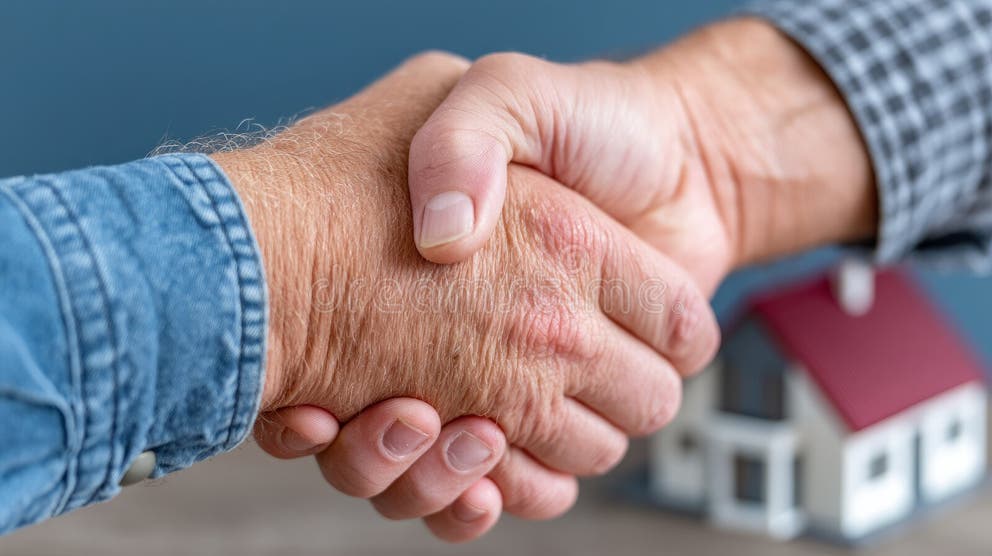 Handshake in Front of Small House Model, Symbolizing Agreement. Stock ...