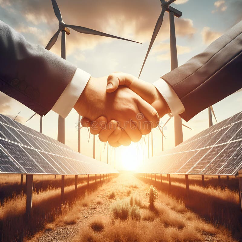 Handshake in Front of Solar Pannels and Wind Turbines Stock ...
