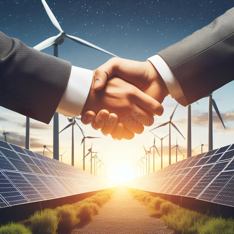 Handshake in Front of Solar Pannels and Wind Turbines Stock ...