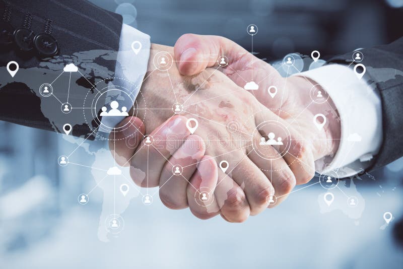 Handshake with Global Glowing Connections on Digital Map Stock Image ...