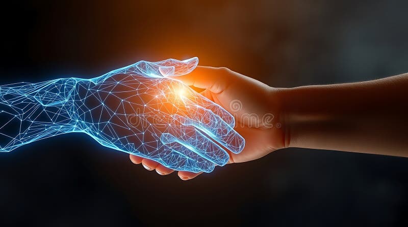 Handshake between Human and Robot Glowing in Orange Light Stock ...