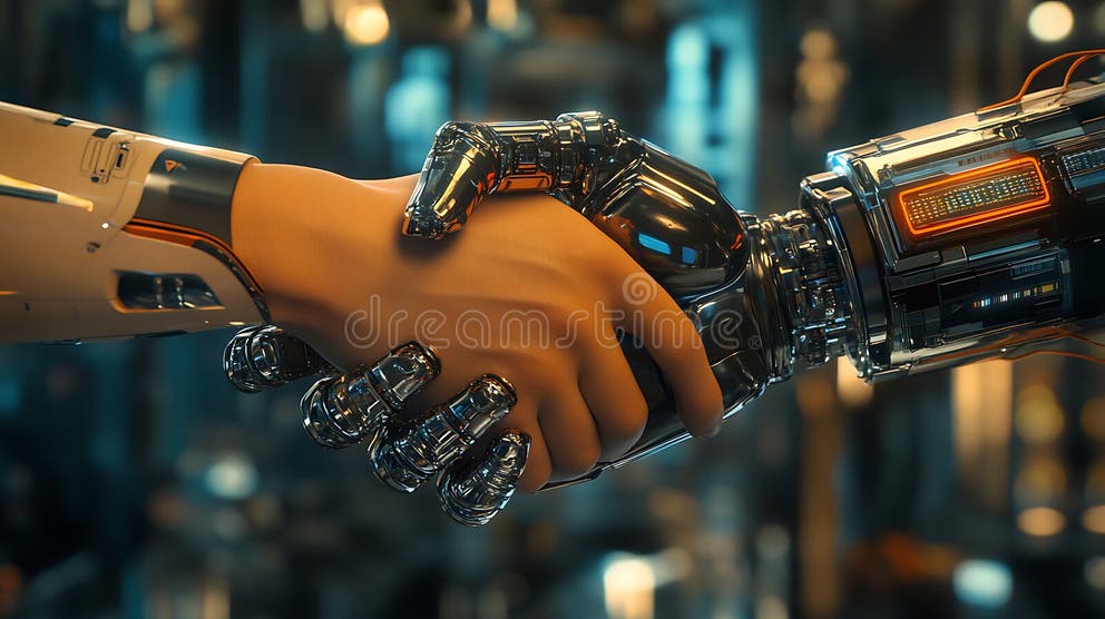 A Handshake between a Human and a Robot, Symbolizing Partnership, Connection, and Technological ...