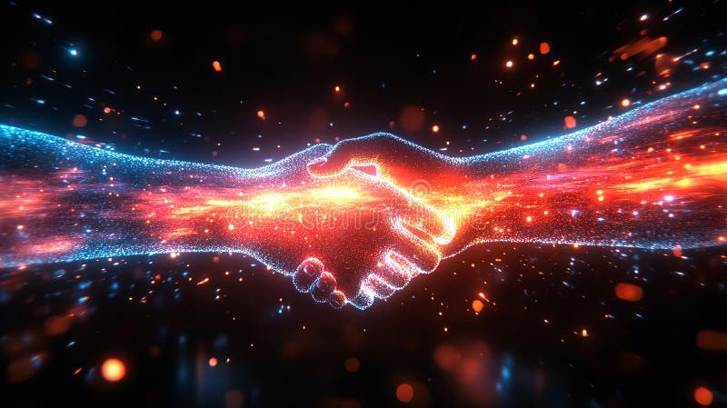 Handshake Made of Neon Light Effect at Back Background with Copy Space ...