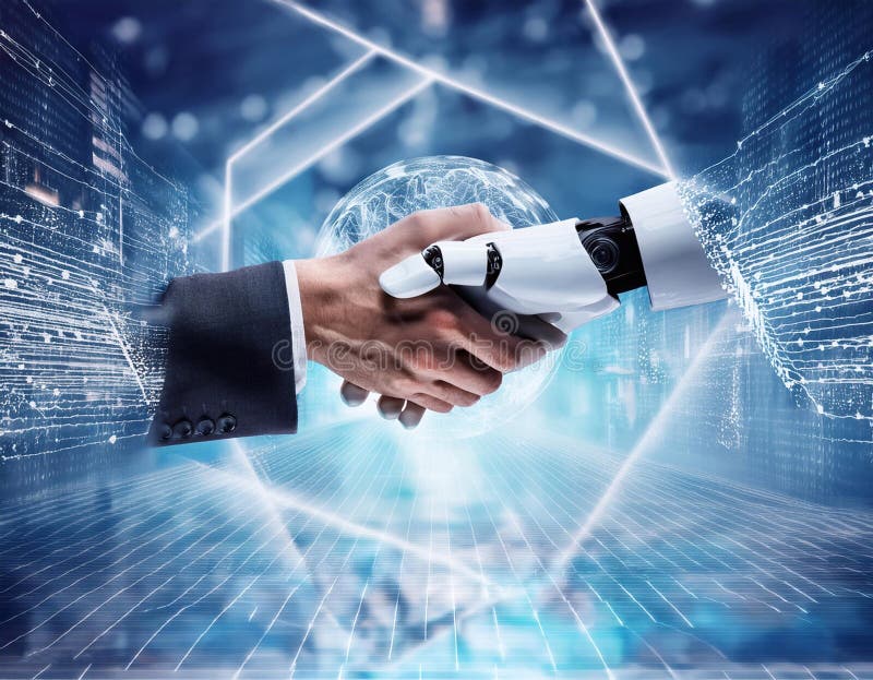 Handshake of a Man and Robot. Modern Technologies. Art Collage Stock ...