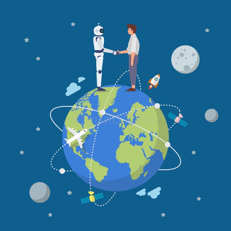 Handshake between Man and Robot Over the Earth Stock Vector ...
