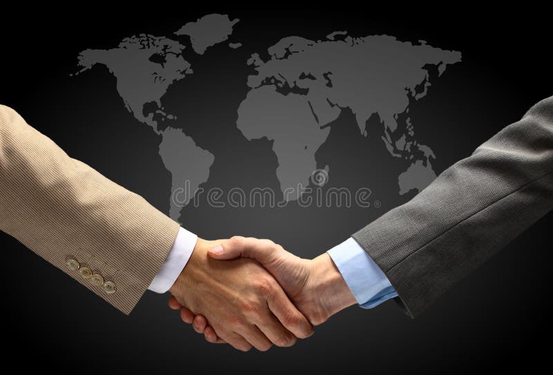 Handshake with Map of the World Stock Photo - Image of promise ...