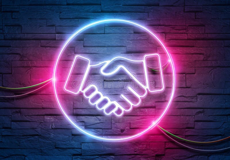 Handshake Neon Icon Illuminating a Brick Wall with Blue and Pink ...