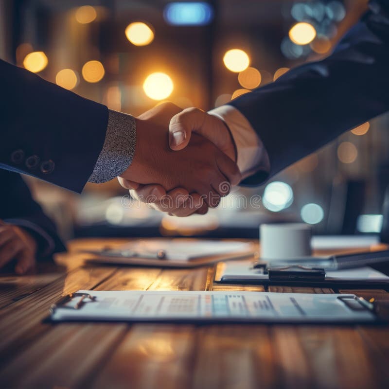 Handshake Over Contract with Warm Lighting and Blurred Office ...