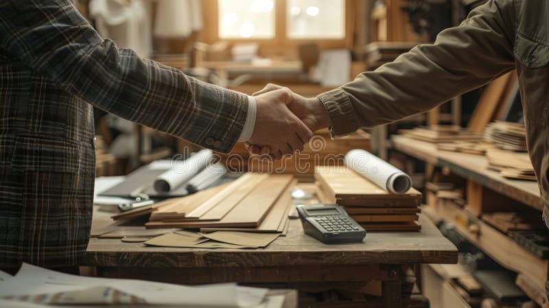 A Handshake Over a Desk Scattered with Architectural Blueprints and ...