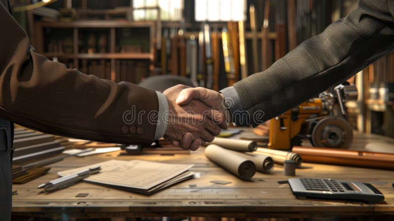A Handshake Over a Desk Scattered with Architectural Blueprints and ...