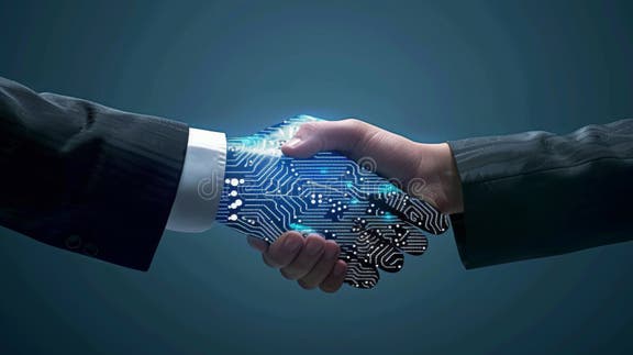 A Handshake is Overlaid with a Glowing Digital Circuit Pattern ...
