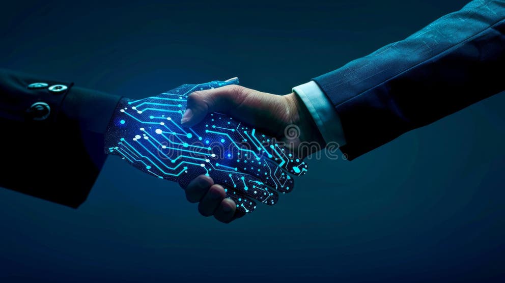 A Handshake is Overlaid with a Glowing Digital Circuit Pattern ...