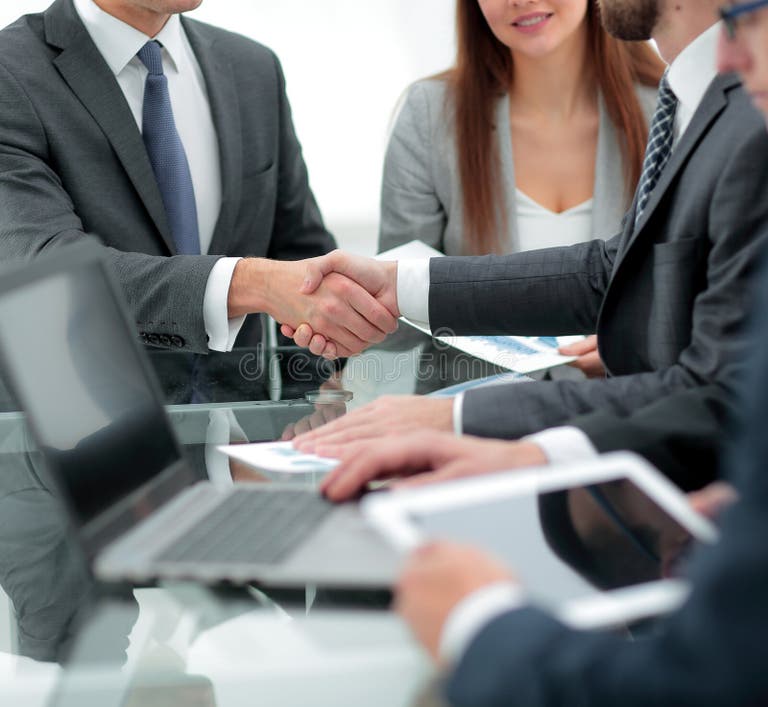 Handshake Partners at the Desk Stock Image - Image of hands, male ...