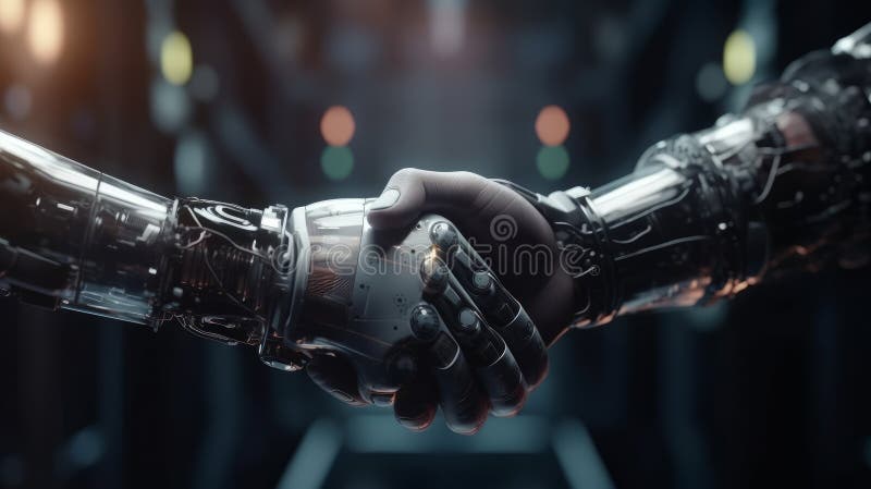 Handshake between Robot with Digital Data Grid. Generative Ai Stock ...